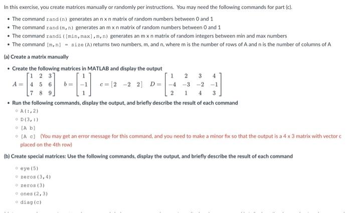 Solved In this exercise, you create matrices manually or | Chegg.com
