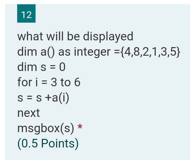 Solved 12 what will be displayed dim a() as integer = | Chegg.com