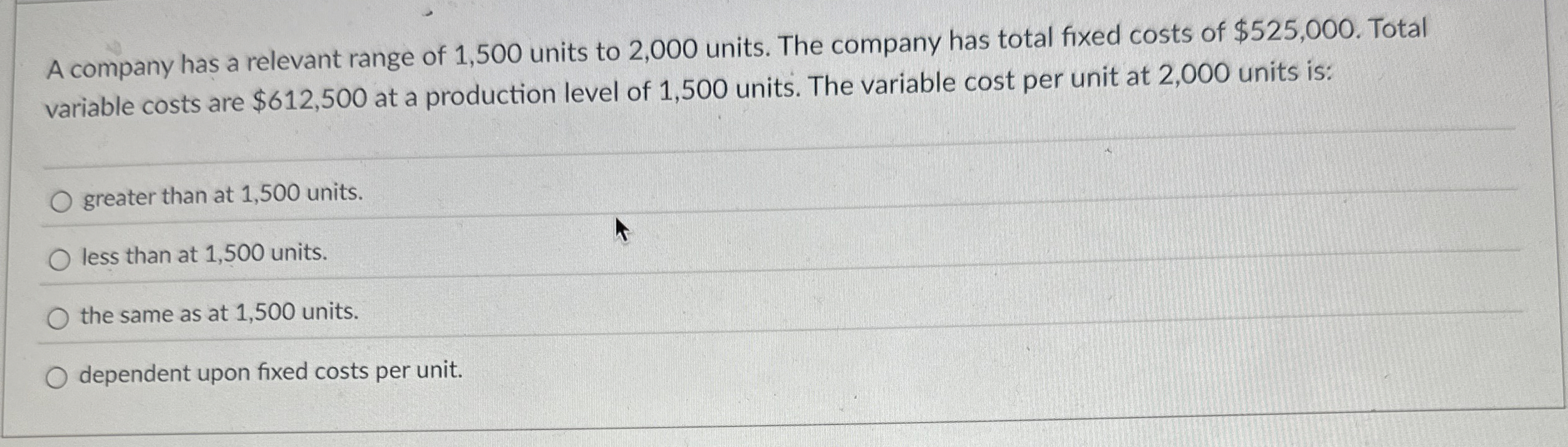 Solved A company has a relevant range of 1,500 ﻿units to | Chegg.com