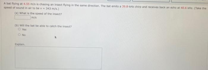 Solved A bat flying at 4.55 m/s is chasing an insect flying | Chegg.com