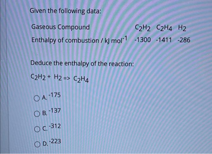 Solved Given the following data: Gaseous Compound C2H2 C2H4 | Chegg.com