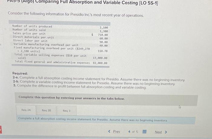 Solved Algo) Comparing Full Absorption and Variable Costing | Chegg.com
