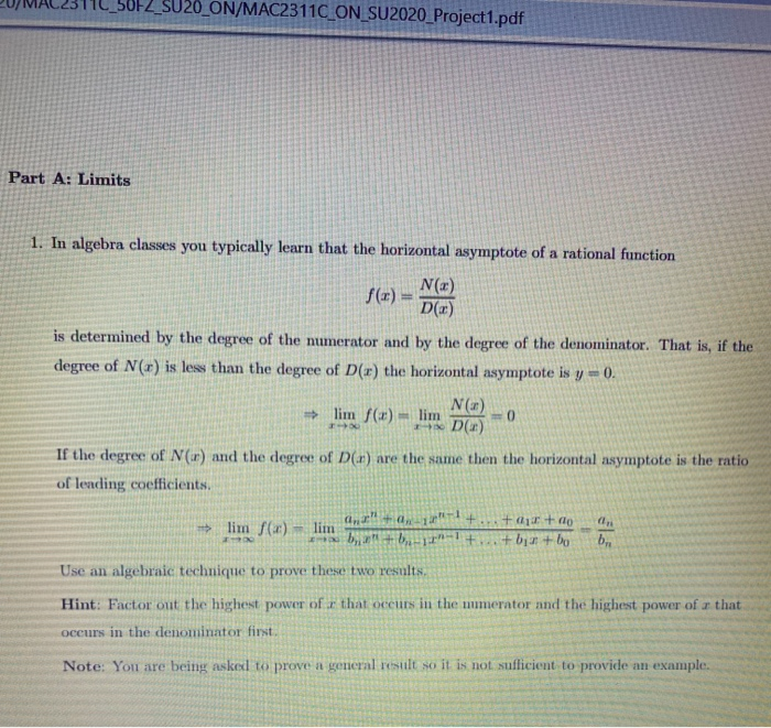 Solved 50F2_SU20_ON/MAC2311C_ON_SU2020_Project1.pdf Part A: | Chegg.com