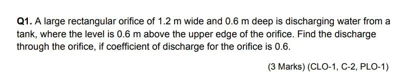 Solved Q1 A Large Rectangular Orifice Of 1 2 M Wide And 0 6