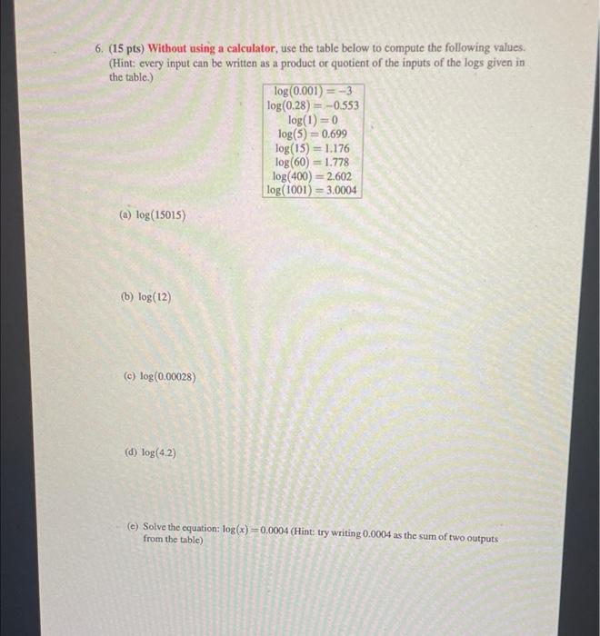 Solved 6. (15 pts) Without using a calculator, use the table | Chegg.com