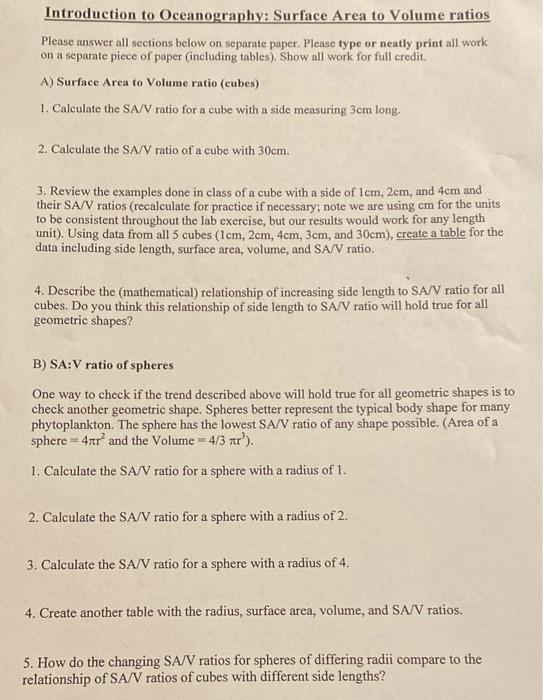 Solved Introduction to Oceanography: Surface Area to Volume | Chegg.com
