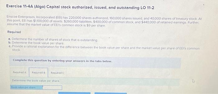 Solved Exercise 11-4A (Algo) Capital stock authorized, | Chegg.com