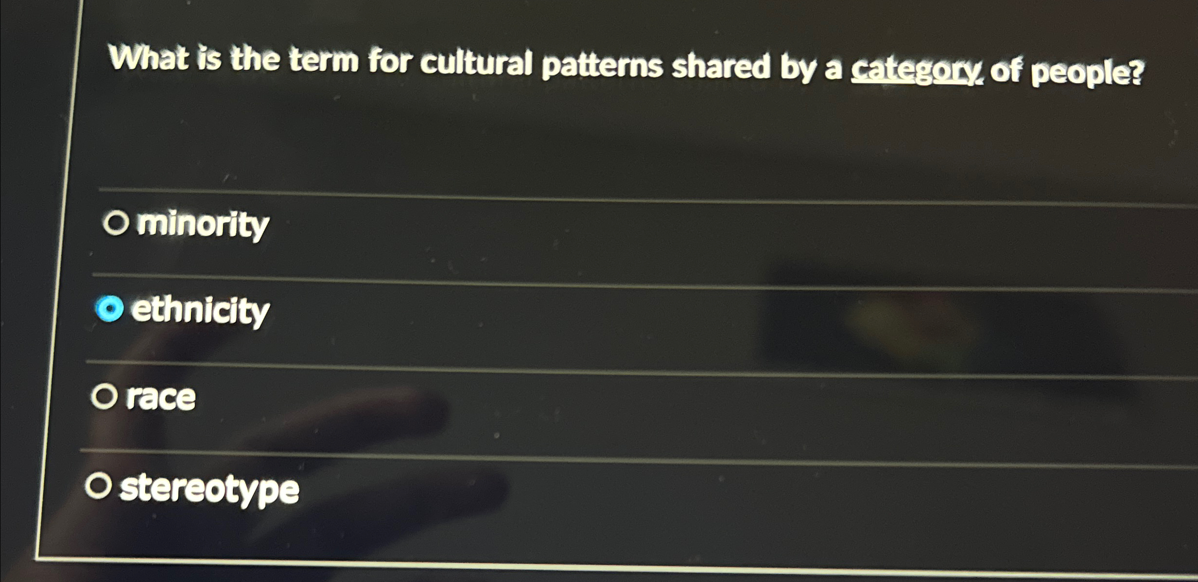 Solved What is the term for cultural patterns shared by a | Chegg.com