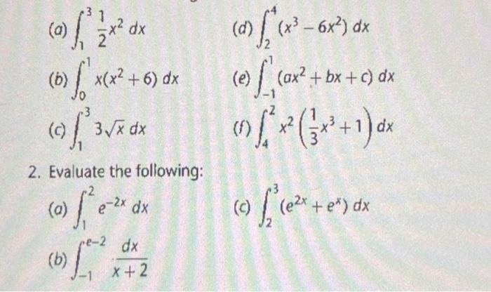 Solved (a) ∫1321x2dx (d) ∫24(x3−6x2)dx (b) ∫01x(x2+6)dx (e) | Chegg.com