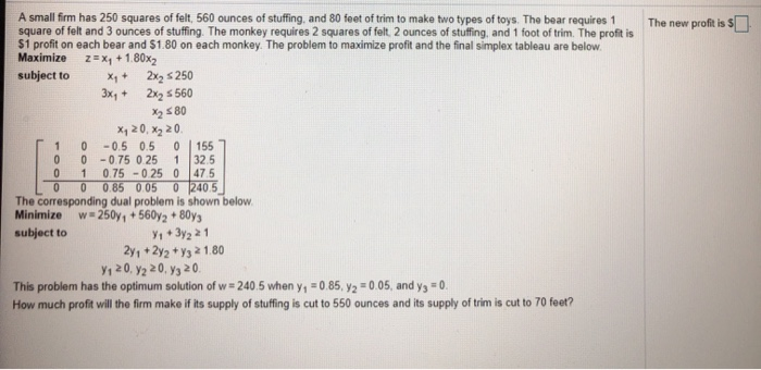 Solved A small firm has 250 squares of felt, 560 ounces of | Chegg.com
