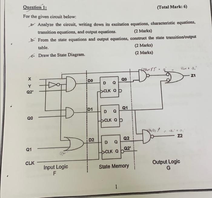 Question 1: (Total Mark: 6) For the given circuit | Chegg.com