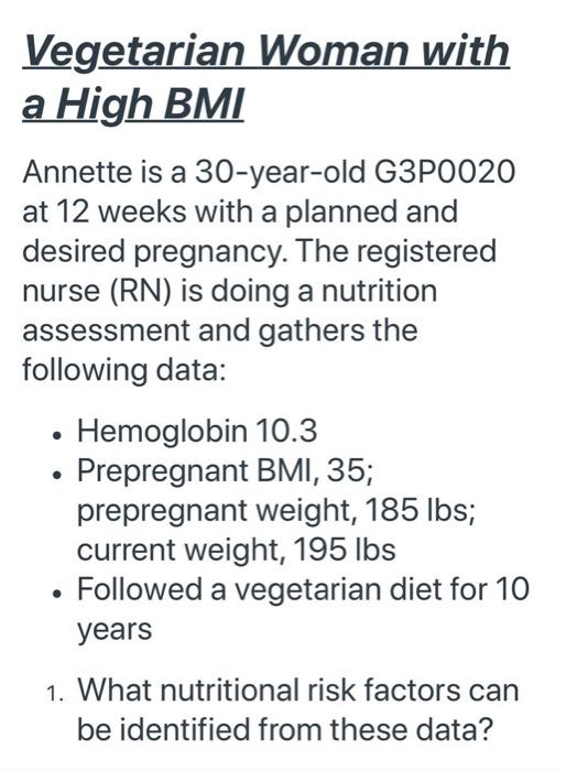 Solved Vegetarian Woman with a High BMI Annette is a | Chegg.com