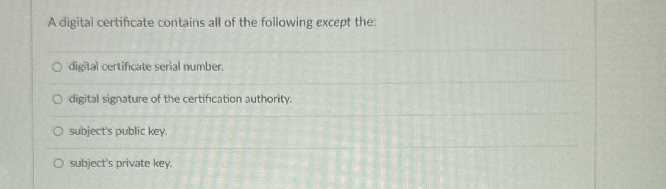 Solved A digital certificate contains all of the following | Chegg.com