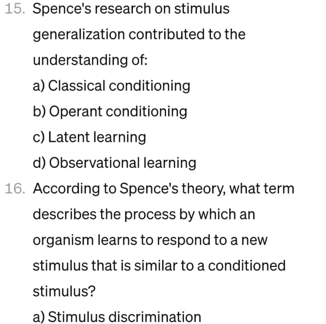 Solved Spence's research on stimulus generalization | Chegg.com