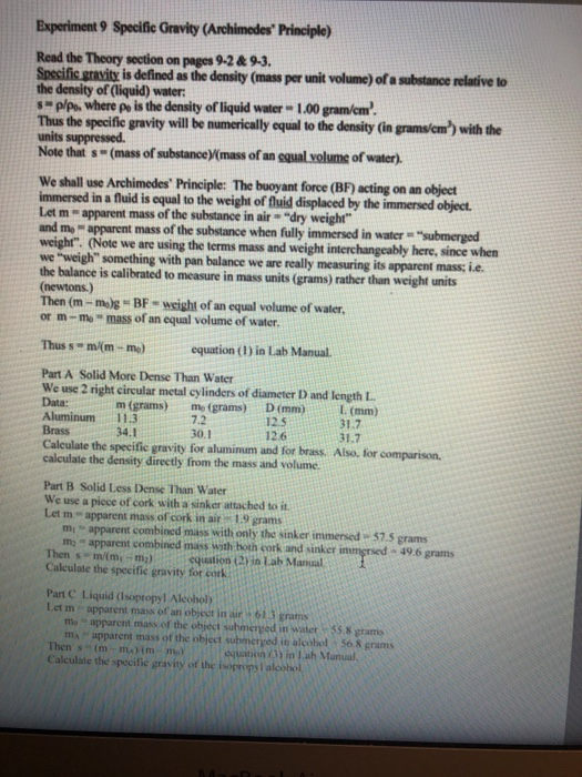 Solved Experiment 9 Specific Gravity (Archimedes' Principle) | Chegg.com