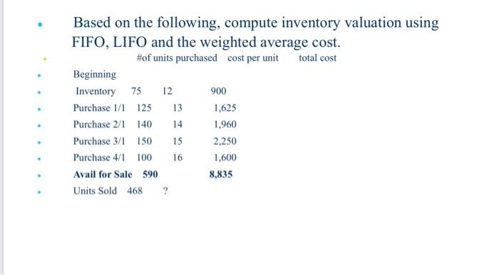 Solved Based on the following, compute inventory valuation | Chegg.com