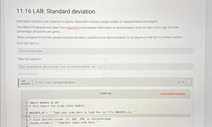 11.16 LAB: Standard deviation Descriptive statistics | Chegg.com