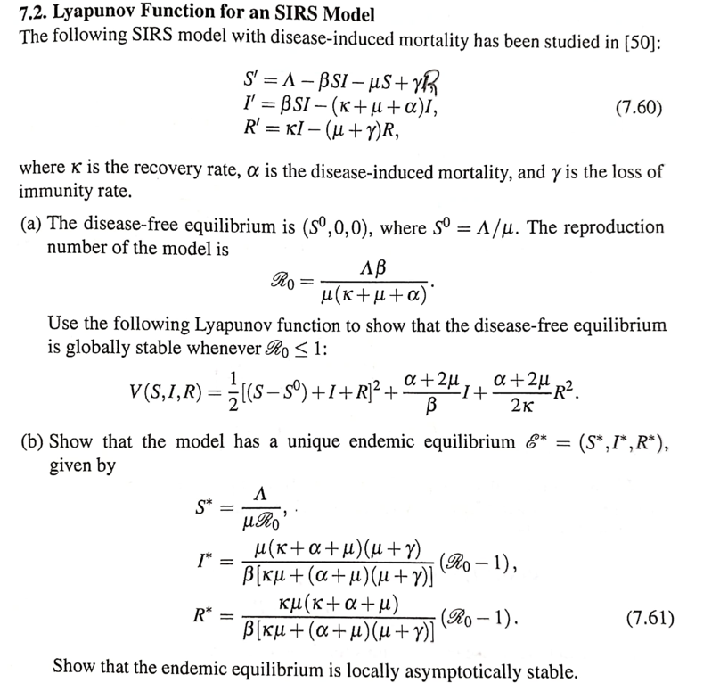 Solved 7.2. ﻿Lyapunov Function for an SIRS ModelThe | Chegg.com