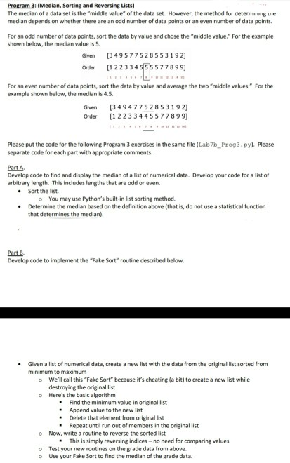 Solved Program 3 Median Sorting And Reversing Lists The 8176