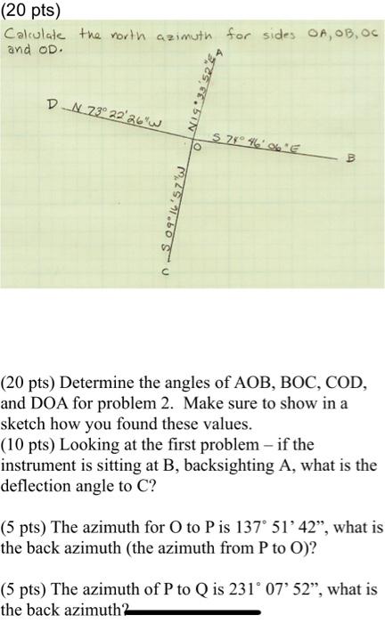 Solved (20 pts) Determine the angles of AOB, BOC, COD, and | Chegg.com