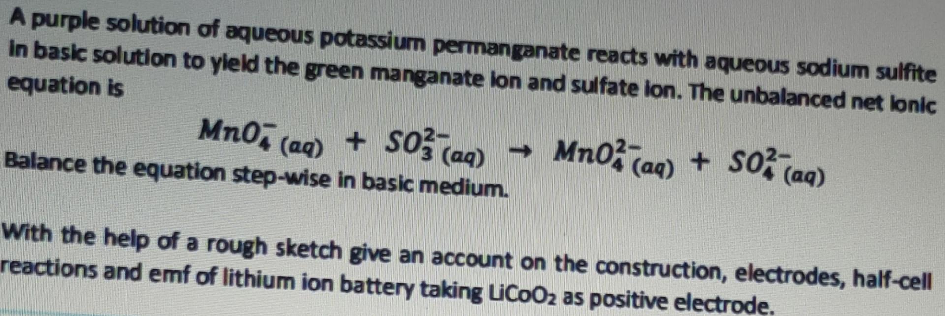 Solved A purple solution of aqueous potassium permanganate | Chegg.com