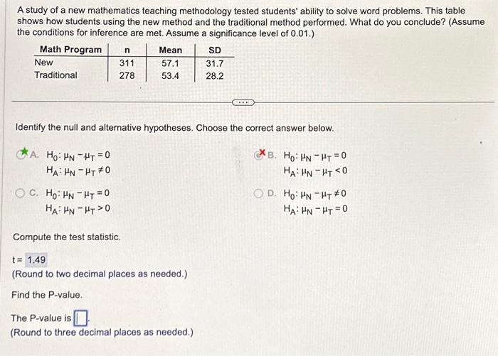 Solved A study of a new mathematics teaching methodology | Chegg.com