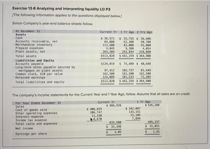 Solved Exercise 13-8 Analyzing and interpreting liquidity LO | Chegg.com