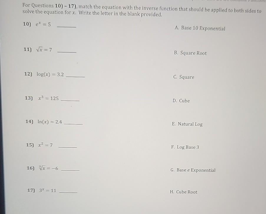 Solved For Questions 10) - 17), match the equation with the | Chegg.com