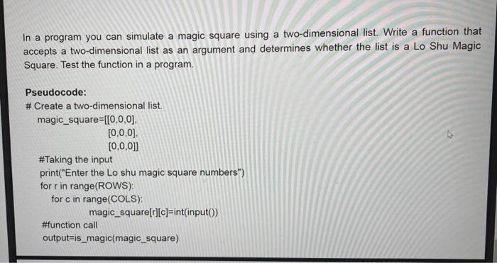 Solved 2)Lo Shu Magic Square The Lo Shu Magic Square is a | Chegg.com