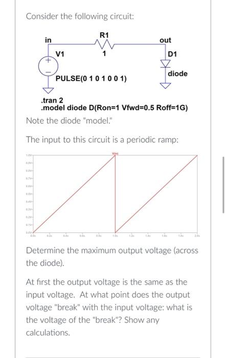 Solved Consider the following circuit: .tran 2 .model diode | Chegg.com