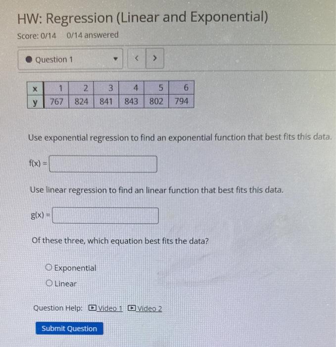 Solved HW: Regression (Linear and Exponential) Score: | Chegg.com