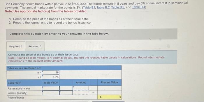Solved Brin Company issues bonds with a par value of | Chegg.com