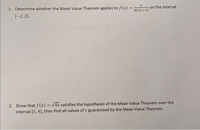 Solved 1. Determine whether the Mean Value Theorem applies | Chegg.com