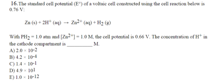 Solved The standard cell potential (E°) of ﻿a voltaic cell | Chegg.com