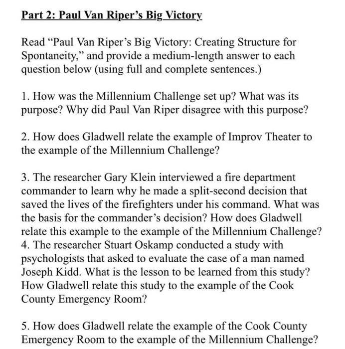 Solved Part 2: Paul Van Riper's Big Victory Read "Paul Van | Chegg.com