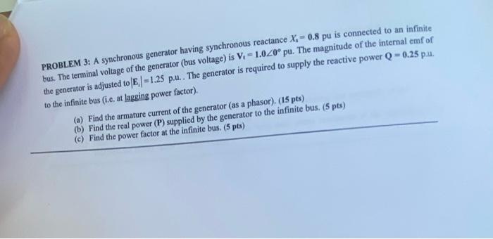 Solved PROBLEM 3: A synchronous generator having synchronous | Chegg.com