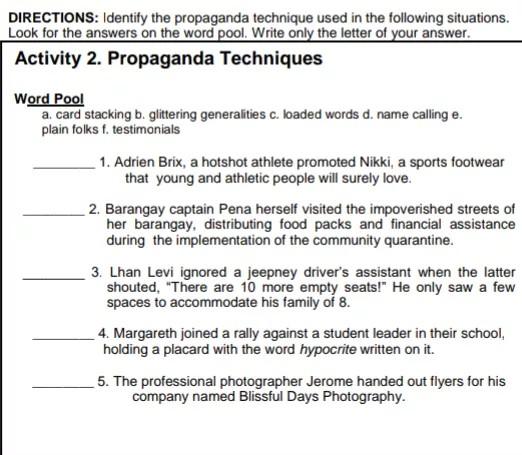 Solved DIRECTIONS: Identify the propaganda technique used in | Chegg.com