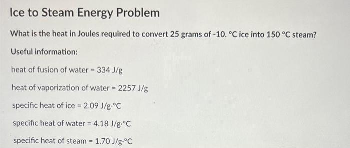 Solved Ice to Steam Energy Problem What is the heat in | Chegg.com
