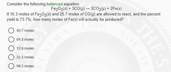 Solved Consider the following balanced equation: Fe2O3(s) + | Chegg.com