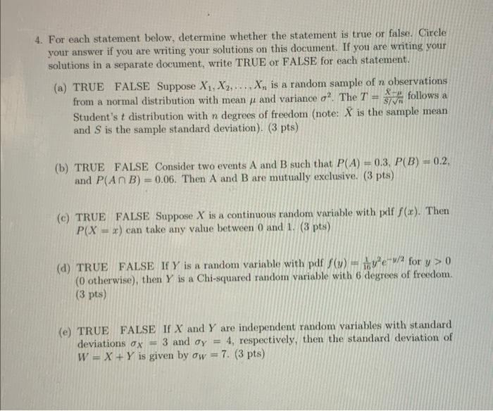 Solved 4. For each statement below, determine whether the | Chegg.com