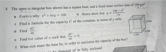 Solved 5 The open rectangular box shown has a square base, | Chegg.com