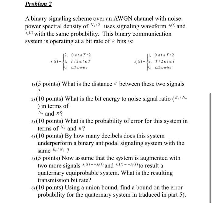 Problem 2 A binary signaling scheme over an AWGN | Chegg.com