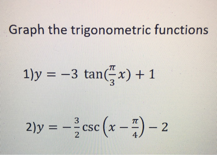 Solved Graph the trigonometric functions 1)y = –3 tan(x) + 1 | Chegg.com