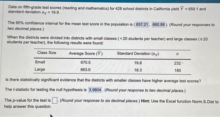 Solved Data on fifth-grade test scores (reading and | Chegg.com