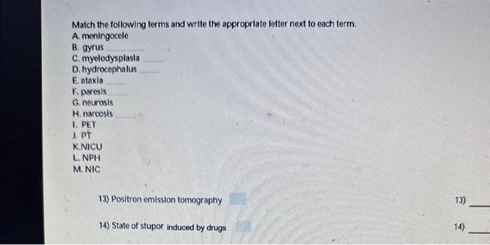 Solved Match the following terms and write the approprlate | Chegg.com