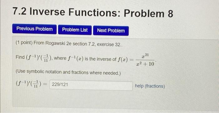 Solved 7.2 Inverse Functions: Problem 8 (1 point) From | Chegg.com