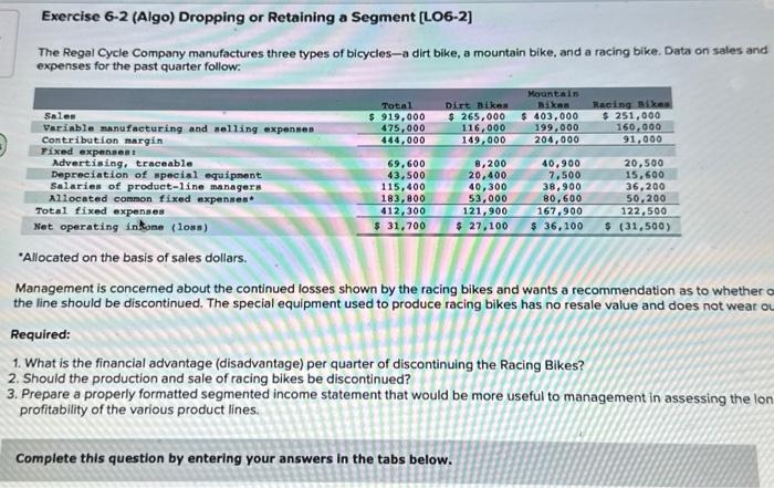 Solved Exercise 6-2 (Algo) Dropping or Retaining a Segment | Chegg.com Solved Exercise 6-2 (Algo) Dropping or Retaining a Segment | Chegg.com