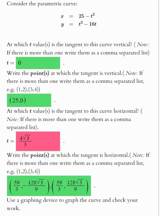 Solved Consider the parametric curve:x=25-t2y=t3-16tAt which | Chegg.com