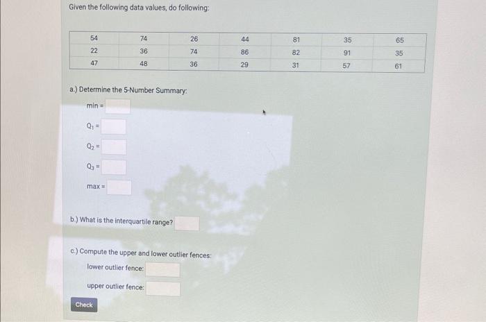 Solved Given the following data values, do following: a.) | Chegg.com