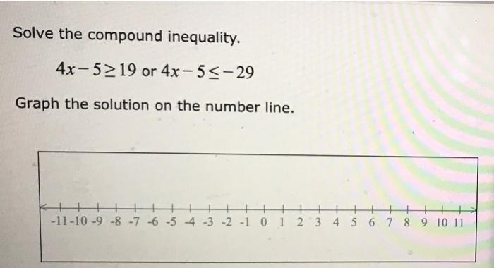 Solved Solve the compound inequality. 4x-5> 19 or 4x-5-29 | Chegg.com